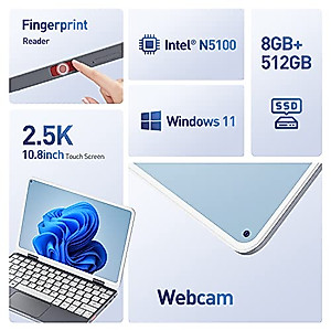 Laptop Computer Intel Celeron N5100 Processor 2 in 1 Tablet Touchscreen 10.8" HD Display With Stylus/ Fingerprint Reader, 8GB RAM, 512GB SSD, Type-C, TF Card, HD webcam, WiFi, Bluetooth, Windows 11