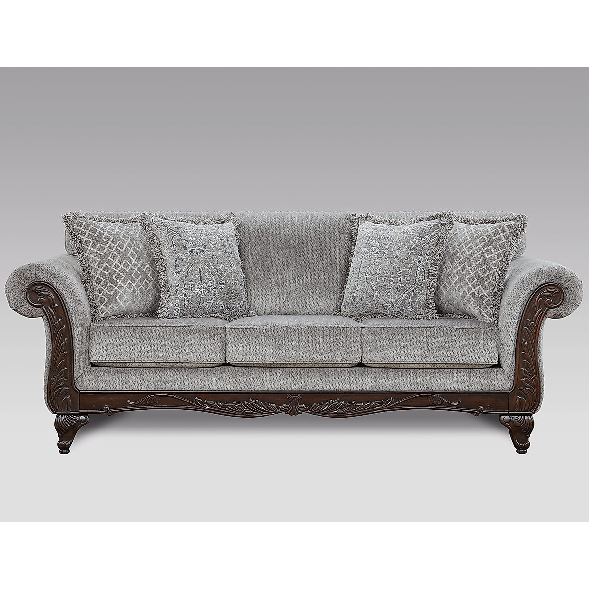 Roundhill Furniture Hernen Carved Wood Frame Sofa, Gray