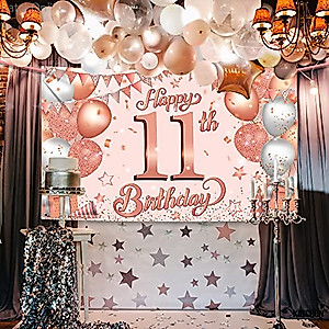 KatchOn, Happy 11th Birthday Backdrop - 72 x 44 Inch | Rose Gold Happy 11th Birthday Banner | 11th Birthday Decorations for Girls, 11th Birthday Party Decorations | 11th Birthday Backdrop for Girls
