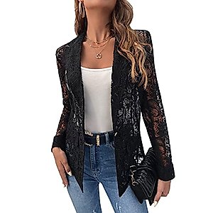 WDIRARA Women's Lace Open Front Long Sleeve Sheer Elegant Casual Blazer Jacket Black S