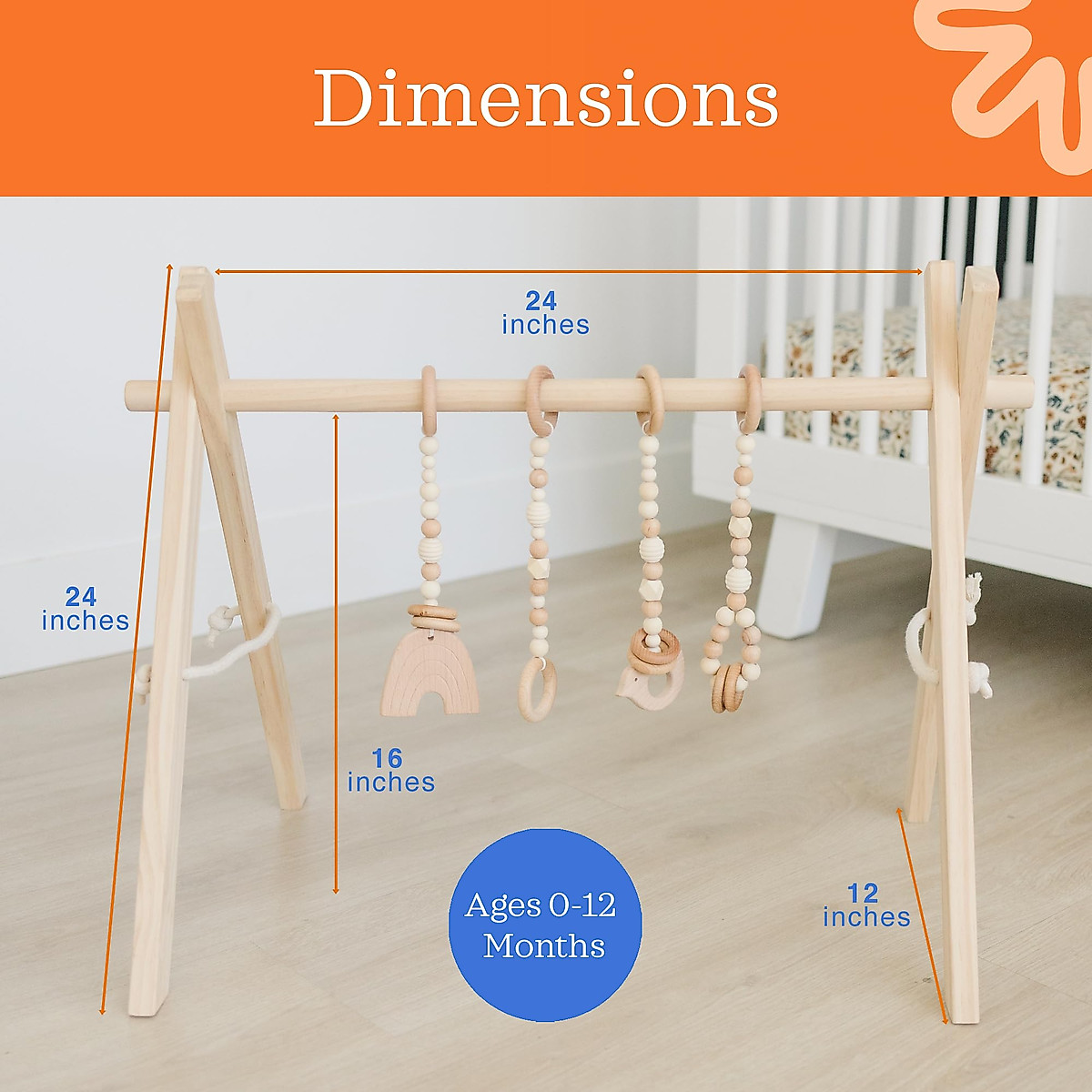 Poppyseed Play Wooden Baby Play Gym, Foldable Frame w/Hanging Bar, Tied Cotton Cord & Wooden Toys, Gender Neutral Baby Activity Set, Easy to Assemble (White Wood, Macrame Toys)