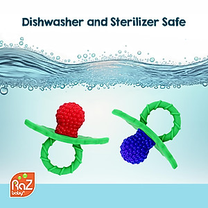 RaZbaby RaZberry Silicone Baby Teether Toy - Berrybumps Soothe Babies Sore Gums - Infant Teething Toy - Hands Free Design - BPA Free - Easy-to-Hold Design - Teething Relief Pacifier - Fruit Shape/Red