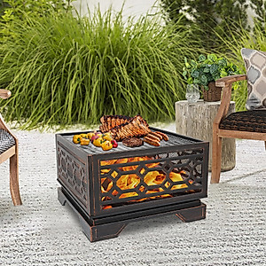 Hykolity 26 Inch Outdoor Fire Pit Square Extra Deep Wood Burning Firepits Large Bonfire with Cooking Grate & Poker for Outside, Patio, Backyard