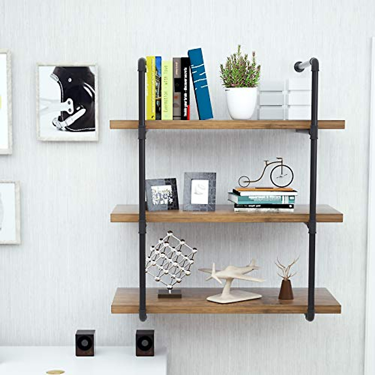 mecor Industrial Pipe Shelves with Wood 3 - Tiers, Rustic Wall Mount Shelf 35.1in,Metal Hung Bracket Bookshelf,DIY Storage Shelving Floating Shelves