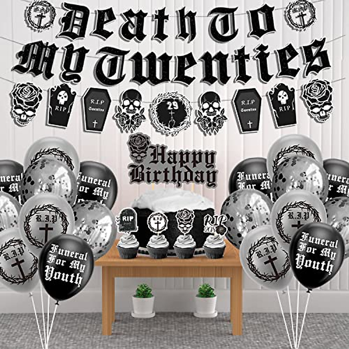Death to My 20s Decorations 30th Birthday Decorations, Death to My 20s Party Supplies Including Birthday Banner Cake Cupcake Toppers Balloons, Funeral for My Youth Funny Thirtieth Birthday Party