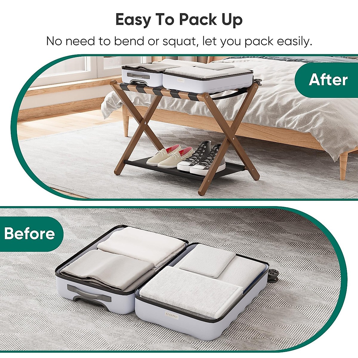 Smuxee Walnut Bamboo Luggage Rack Pack of 2, Foldable Suitcase Stand with Storage Shelf, Easily Assembled Luggage Stand with 5 Nylon-Straps for Guest Room Hotel Bedroom