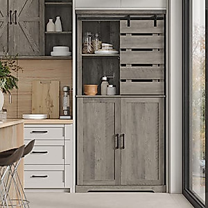 HOSTACK Tall Farmhouse Storage Cabinet, Sliding Barn Door Kitchen Cabinet with Adjustable Shelves, Freestanding Bookcase Buffet Cabinet for Kitchen, Dining Room, Living Room, Home Office, Ash Grey