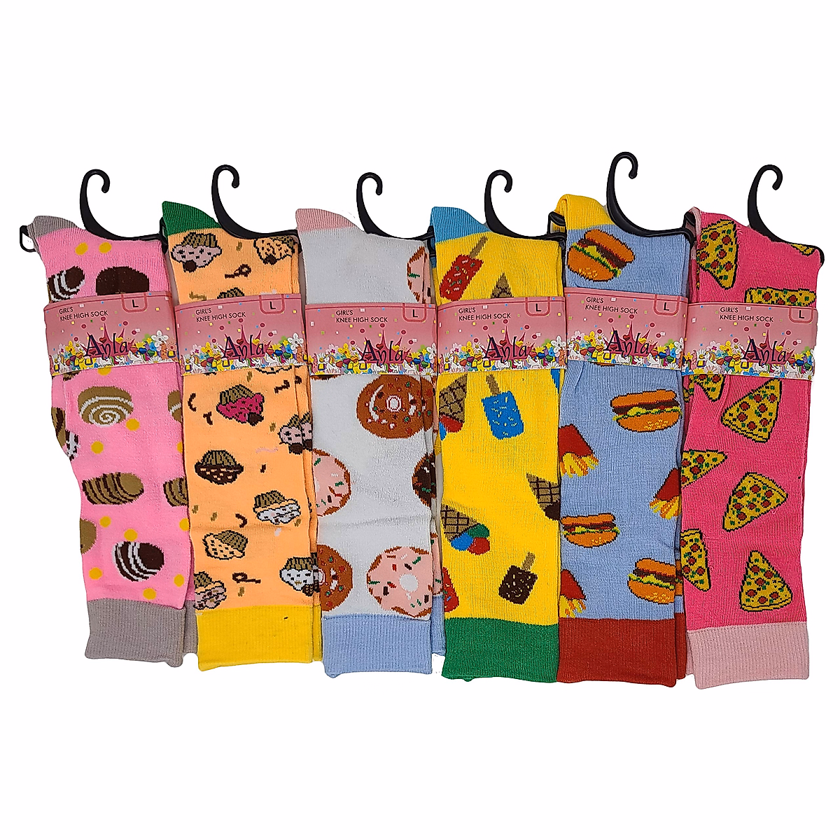 Kids Big Girls Youth Baby Children's Novelty Design Knee High Socks (M (Fit Kids Shoes 4 to 10), 6 Pairs Yummy Foods)