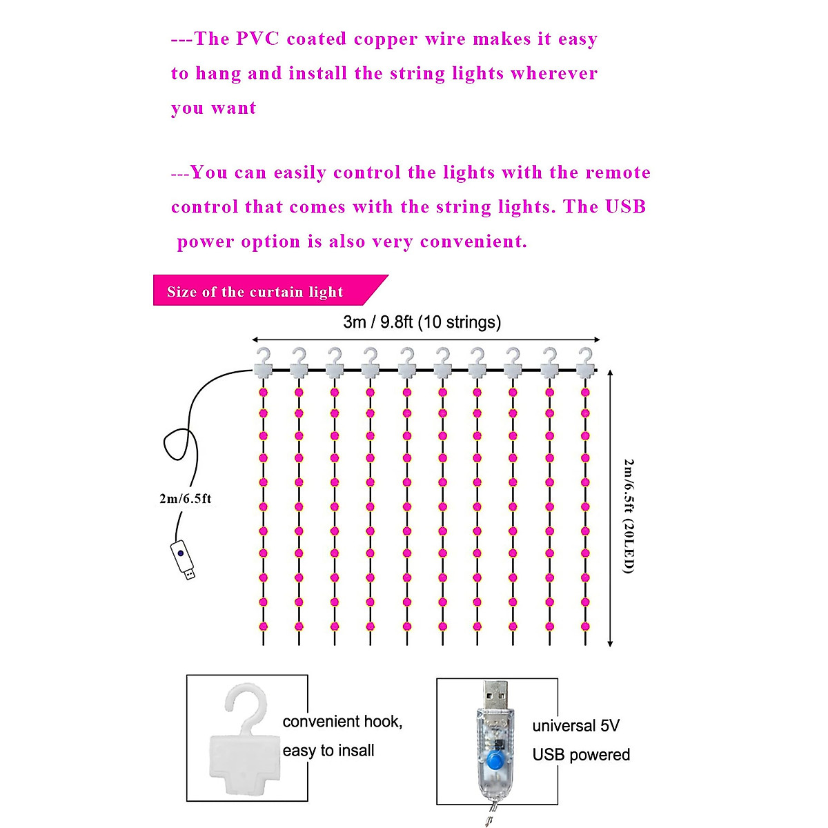 ORSMGOLF Fairy Curtain String Lights, Room Decor &Ideal Gift for Teens Girl, 8 Modes Wall Lights & Valentine's Day Indoor Decorations (Pink)