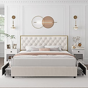 HIFIT King Platform Bed Frame with 4 Storage Drawers, Upholstered with Button Tufted Headboard, Heavy Duty Mattress Foundation with Wooden Slats, No Box Spring Needed, Golden and Beige
