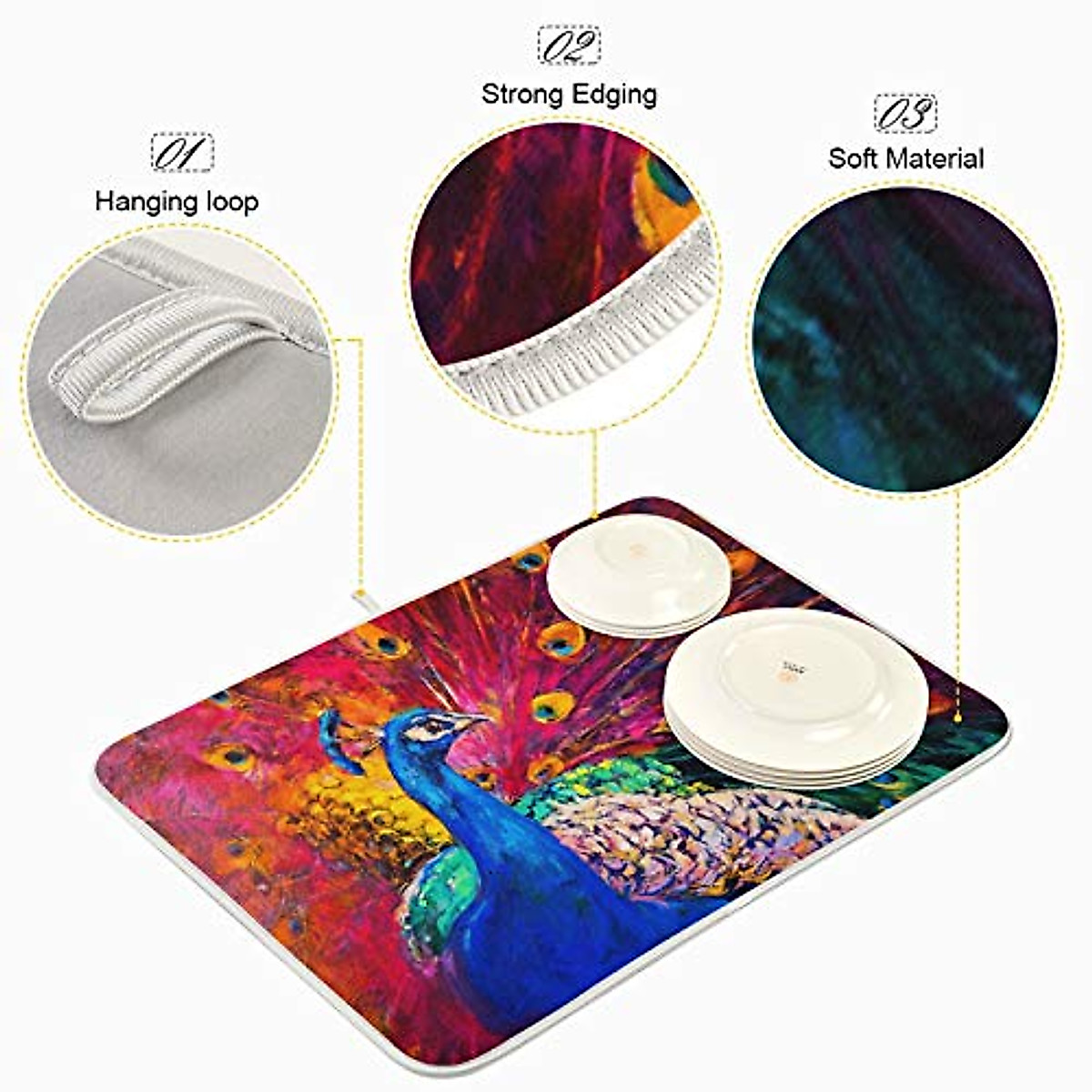 Painting Animal Beautiful Peacock Dish Drying Mat 24"x18" Absorbent Machine Washable Hanging Fast Dry Pad Dish Protective Mat for Kitchen Countertop Heat Resistant Dinner Table Mat