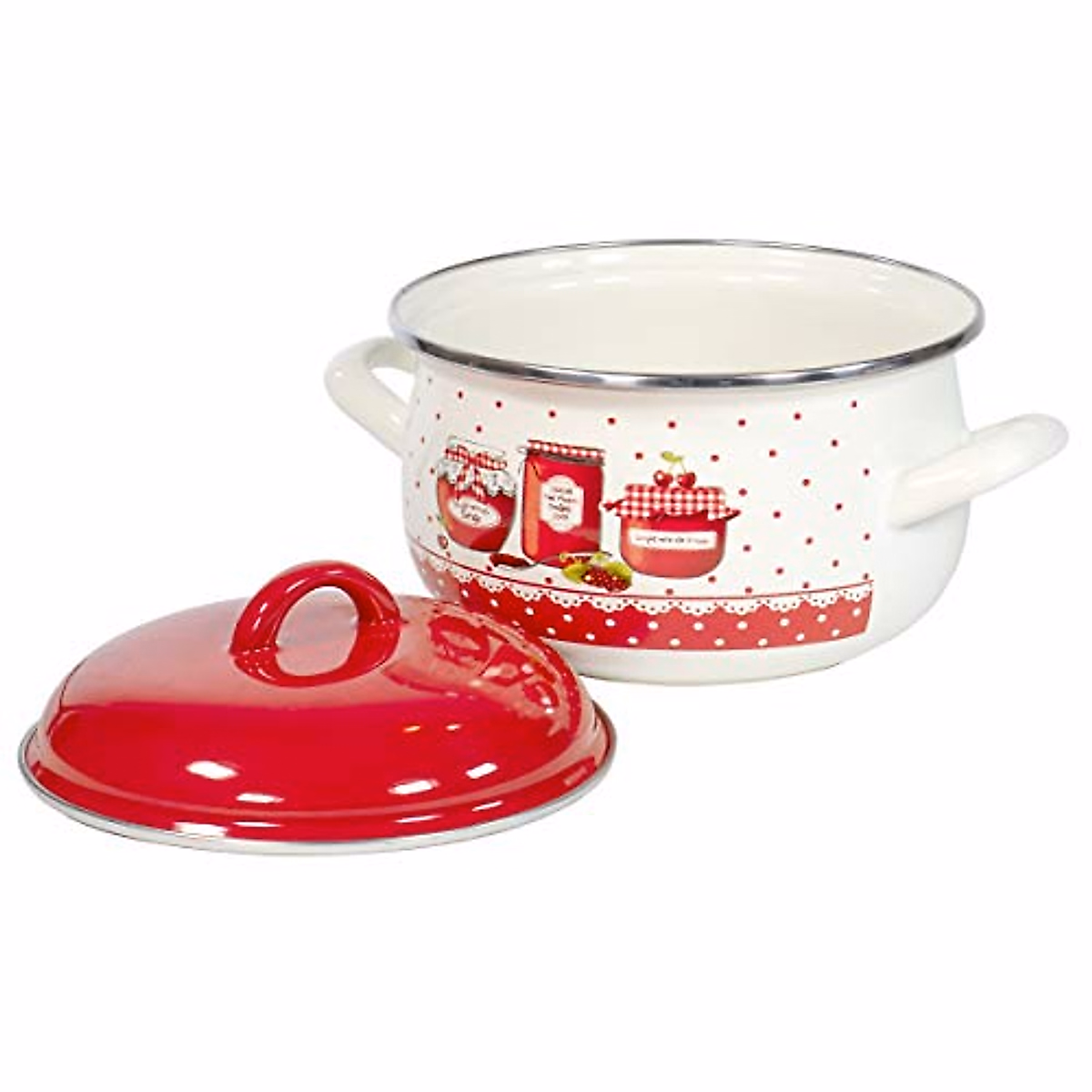 Red Co. Medium Enameled Cookware 8" Belly Deep Metal Induction Stockpot with Lid, Vintage Red Margarine Design Print, 3 Quart