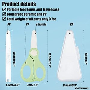 Baby Food Scissors with Travel Case and Tongs Set, Fully Detachable Ceramic Kids Food Scissors with Safety Lock, Dishwasher Safe, Ideal for Noodles, Meats, Vegetables, Pizza and Fruits (A)