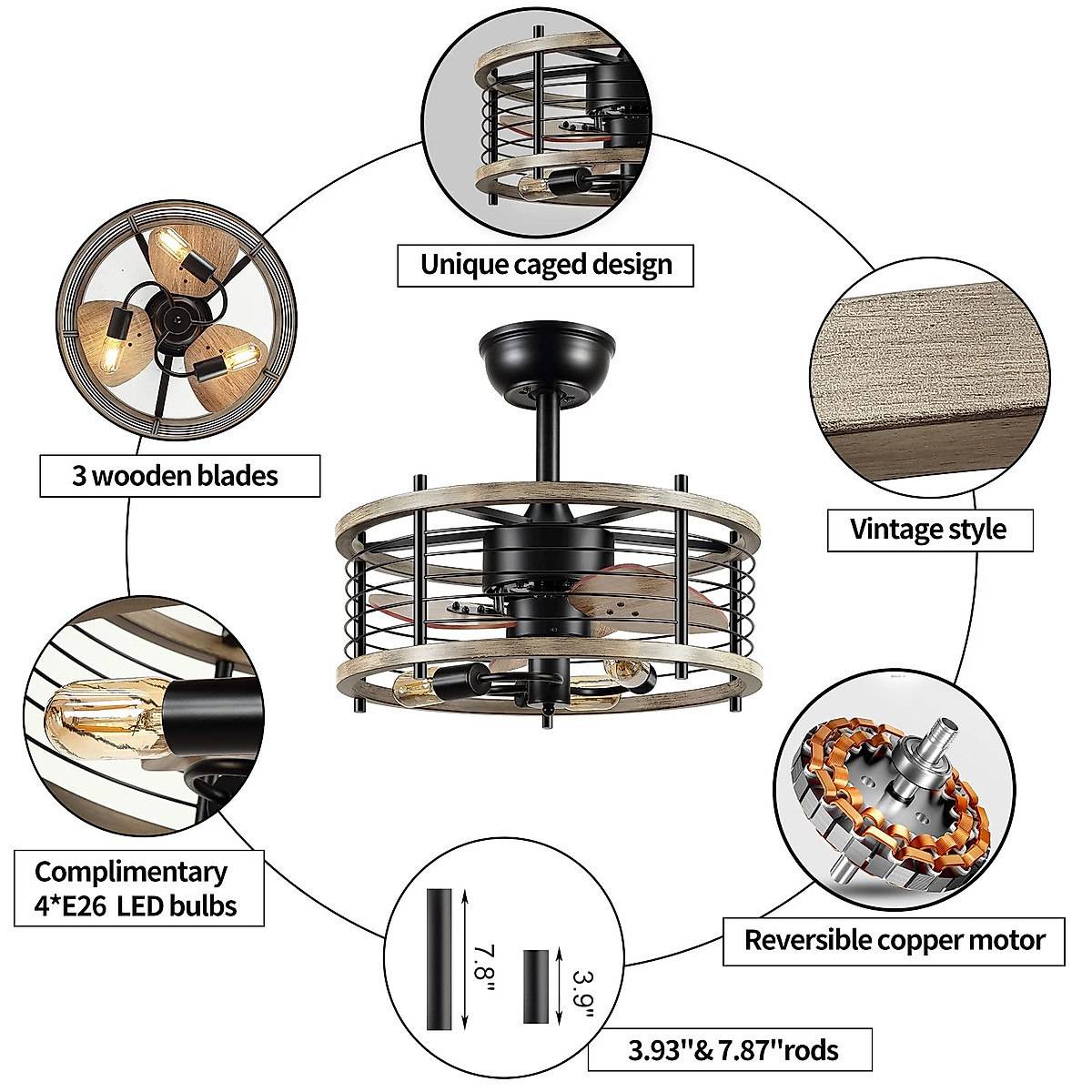 SHIHOT Caged Ceiling Fans with Lights and Remote, Farmhouse Rustic 20 Inch Fandelier Small Ceiling Fan with Light for Bedroom Kitchen Dining Living Room