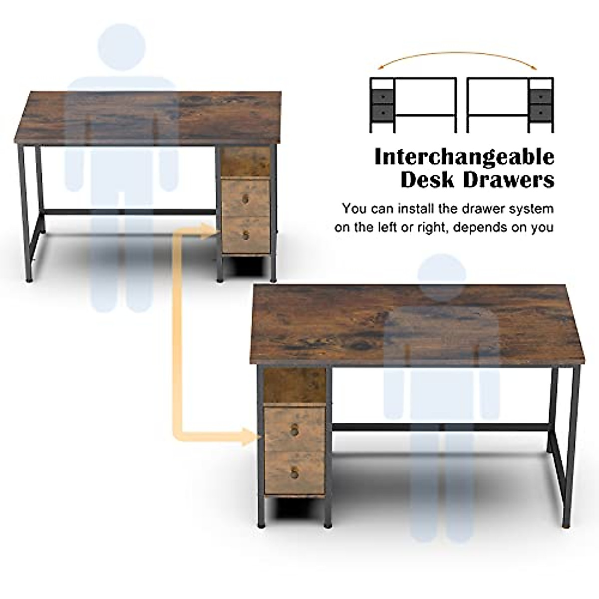 GIKPAL Computer Desk for Home Office, Study Writing Desk with 2 Drawers, Desk with Storage for Bedroom 47 inch, Black/Rustic Brown (Rustic Brown)