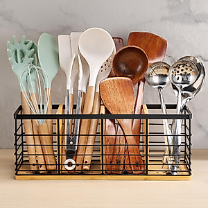 ALOCEO Kitchen Utensil Holder for Countertop - Large Matte Black Utensil Holder with Wooden Base - Multifunctional Farmhouse Cooking Utensil Organizer, Rustic Cooking Utensil with 4 Compartments