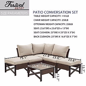 Festival Depot 6 Pieces Patio Outdoor Furniture Conversation Set Sectional Corner Sofa with All-Weather Brown PE Wicker Back Chair, Coffee Table, Ottoman and Thick Soft Removable Couch Cushions