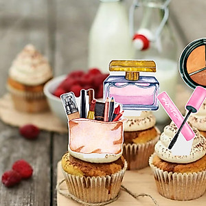 48Pcs Makeup Cupcake Toppers Spa Makeup Birthday Party Decorations Cosmetics Lipstick Eyelashes Perfume Theme Cupcake Picks Decorations for Girls Women Birthday Party Party Bridal Shower Supplies