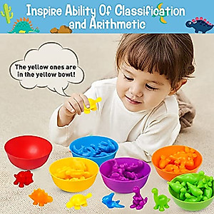 Counting Dinosaurs Color Sorting with Rainbow Bowls for Kids, Sensory Training & Counting Activity, Montessori Preschool Education Learning Math Sorting Toys Sets Gift for 3-5 Years Old Boys Girls