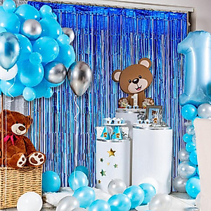 AIBIIN 2pcs 3.3ftx6.6ft Foil Curtain Backdrop Blue Metallic Tinsel Foil Fringe Curtains Little Prince Birthday Party Wedding Baby Shower Bachelorette Graduation 4th of july Decoration Photo Booth Prop