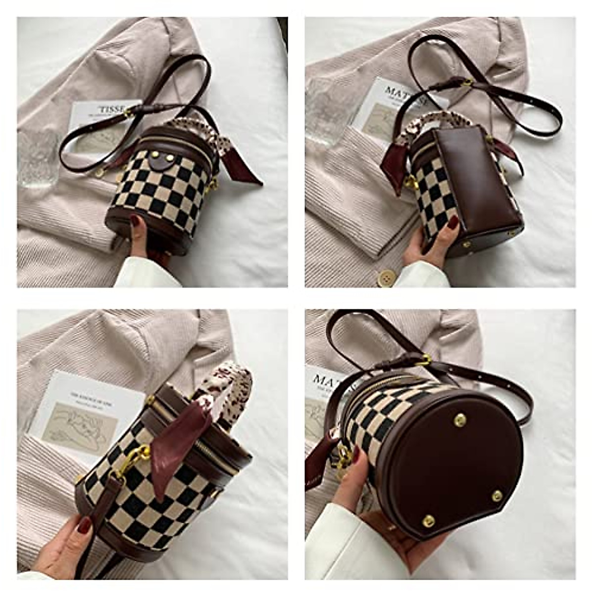 Fashion Cute Top Handle Flap Crossbody Bag for Women Classic Retro Plaid Bucket Cylinder Bag Shoulder Bag Purse (Brown)