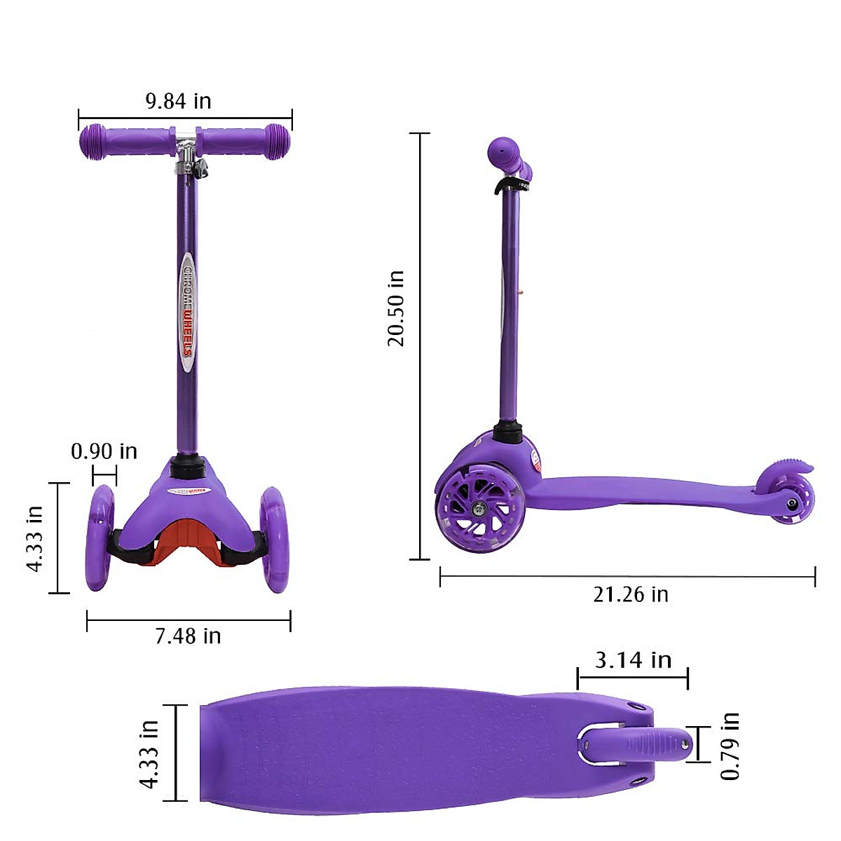 ChromeWheels Scooter for Kids, Deluxe 3 Wheel Scooter for Toddlers 4 Adjustable Height Glider with Kick Scooters, Lean to Steer with LED Flashing Light for Ages 3-6 Girls Boys, Purple
