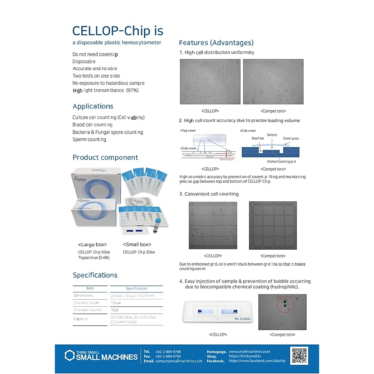 Cellop-Chip Neubauer Improved (NI) Disposable Hemocytometer, Counting Chamber, 10µL Chamber Volume, 1.6mm Thickness (50ea/Box)