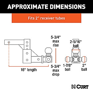 CURT 45799 Adjustable Trailer Hitch Ball Mount, Fits 2-Inch Receiver, 5-3/4-Inch Drop, 1-7/8, 2, 2-5/16-Inch Balls, 10,000 lbs , Black