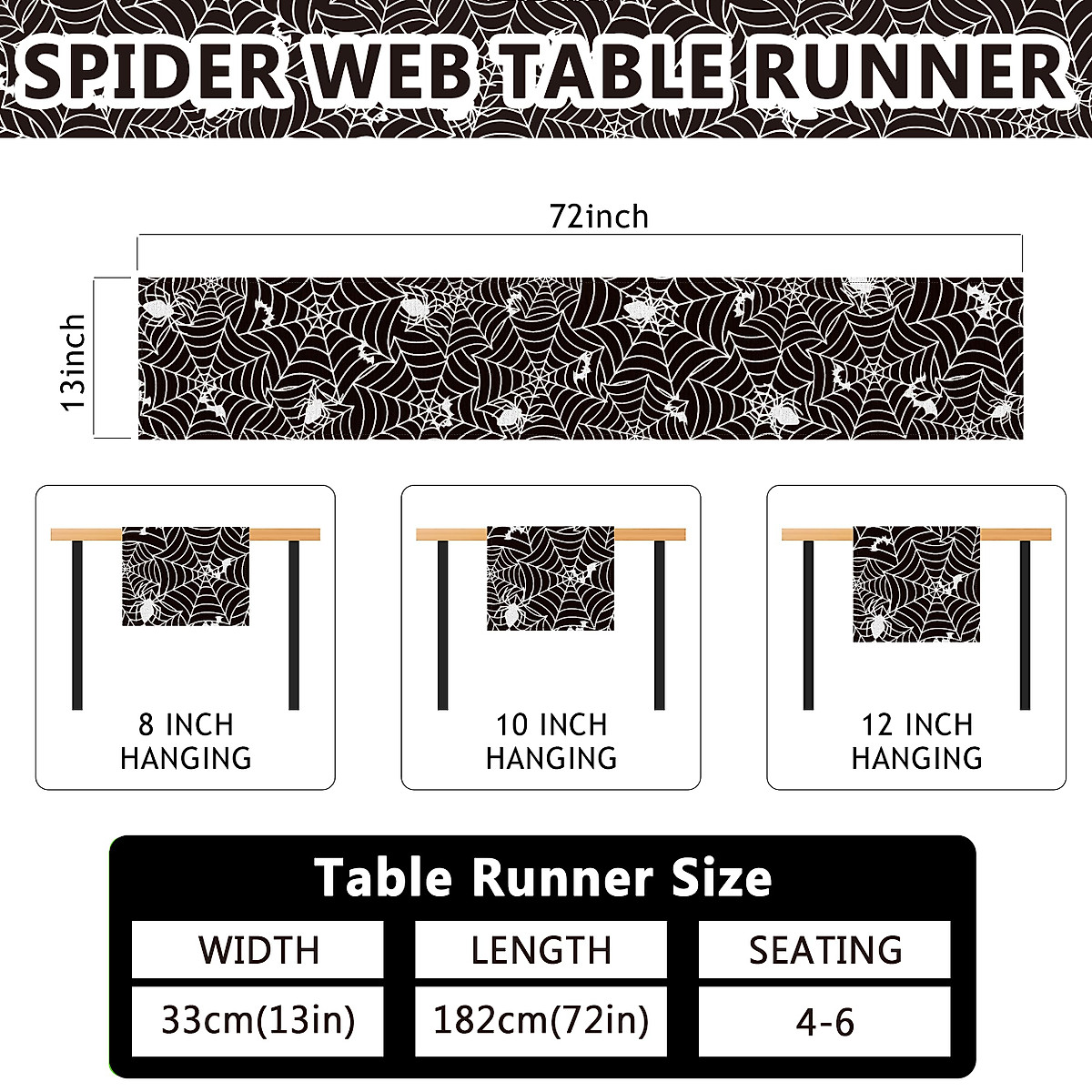 Halloween Table Runner Spider Web Table Runner Black Halloween Table Decorations Halloween Kitchen Decor Spiderweb Table Runner for Seasonal Holidays, Scary Movie Nights Decorations- 13x72 Inch