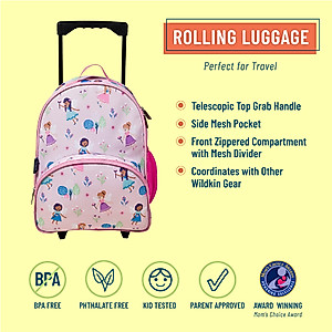 Wildkin Kids Rolling Luggage for Boys and Girls, Carry-on Luggage Size is Perfect for School and Overnight Travel, Measures 16 x 12 x 6 Inches (Fairy Garden)