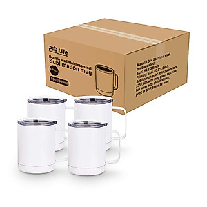 PYD Life Sublimation Coffee Mugs 10 OZ White Blanks Stainless Steel Double Wall Tumbler with Handle and Lid for Mug Tumbler Press Machine Sublimation Print 4 Pack