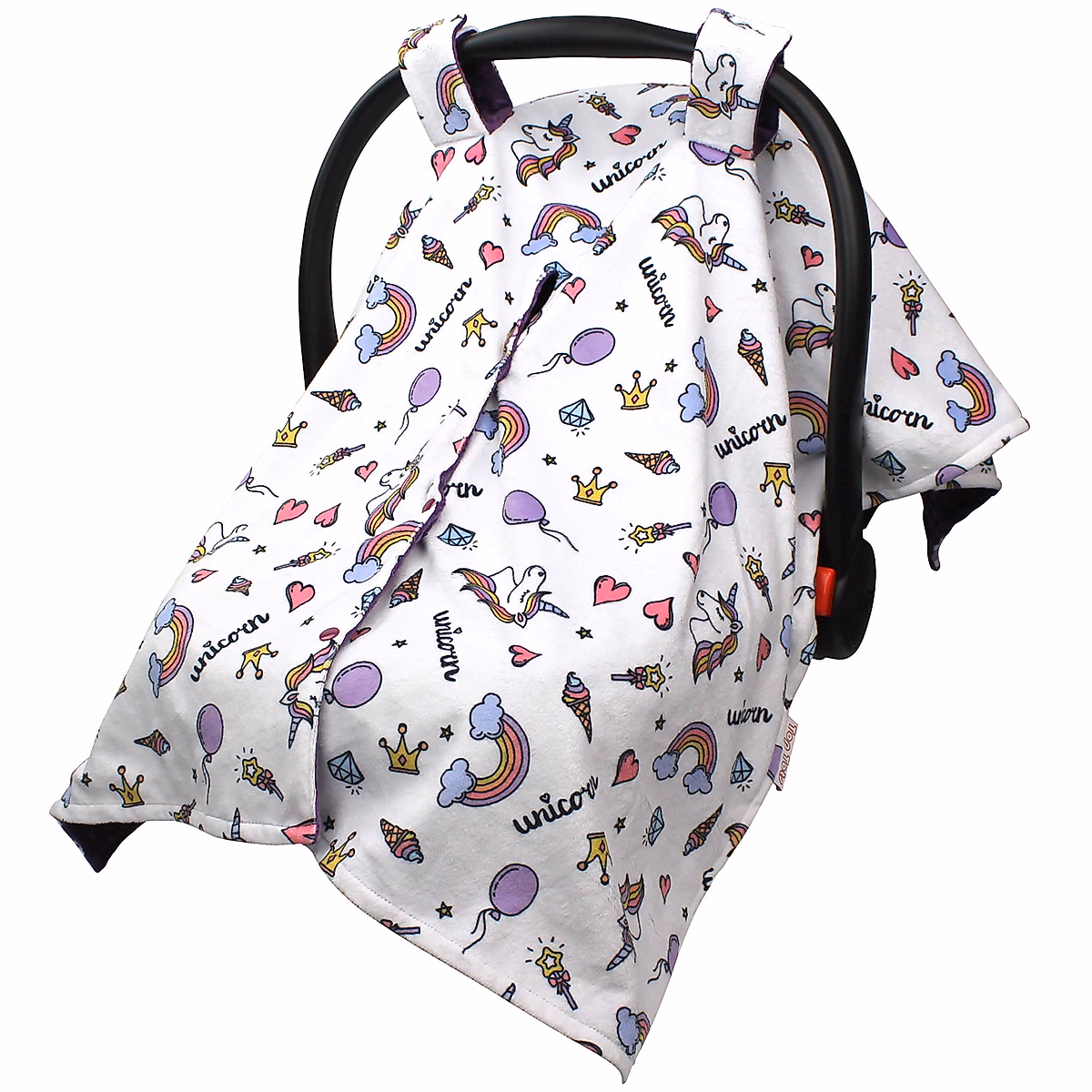 Baby Car Seat Canopy Cover - Unicorn and Rainbows with Purple Minky Dot