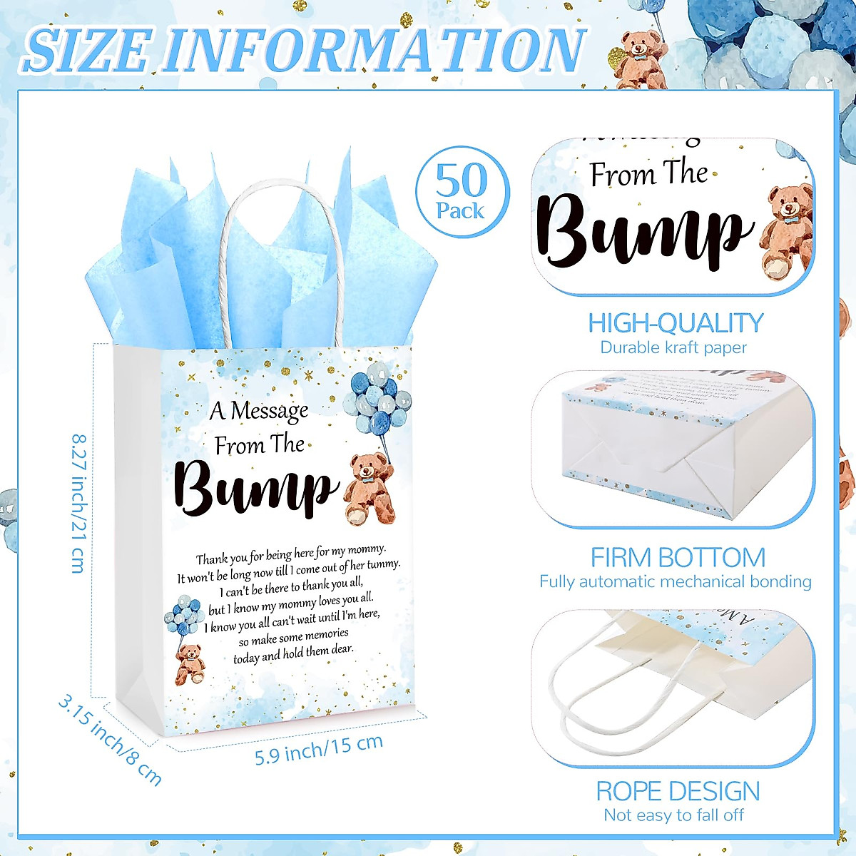 Resurhang 50 Sets Gift Bag for Baby Shower 50 Bear Baby Shower Goodie Bags Bear Paper Bag with Handles and Tissue Paper Baby Shower Party Favor Bags for Guests Gender Reveal Return Gift (Blue)