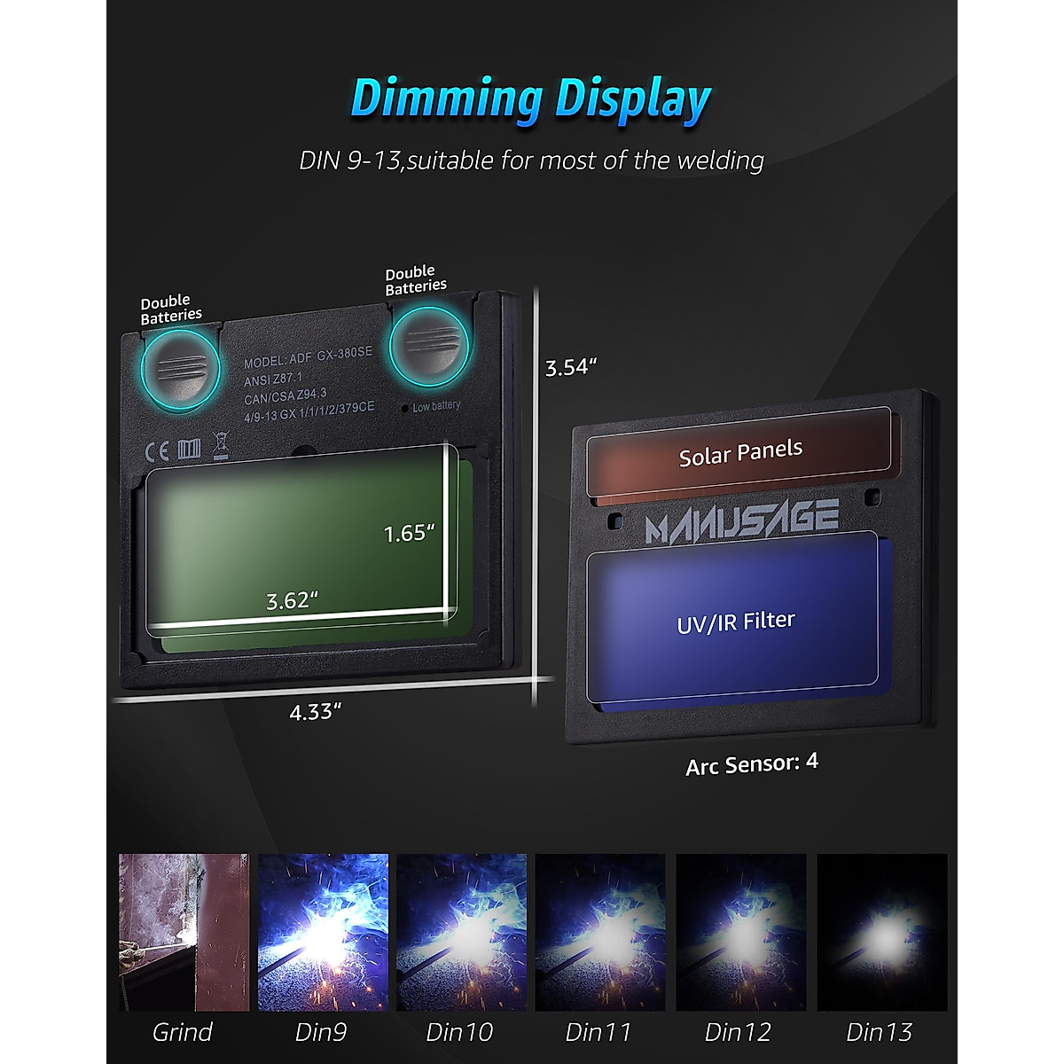 MANUSAGE Auto Darkening Welding Helmet for Men, Welding Hood Auto Darkening Has Dual Power Supply with Solar and Lithium Battery, Welding Mask True Color Shade 9-13 Ideal for Mig Tig ARC (M380SE)