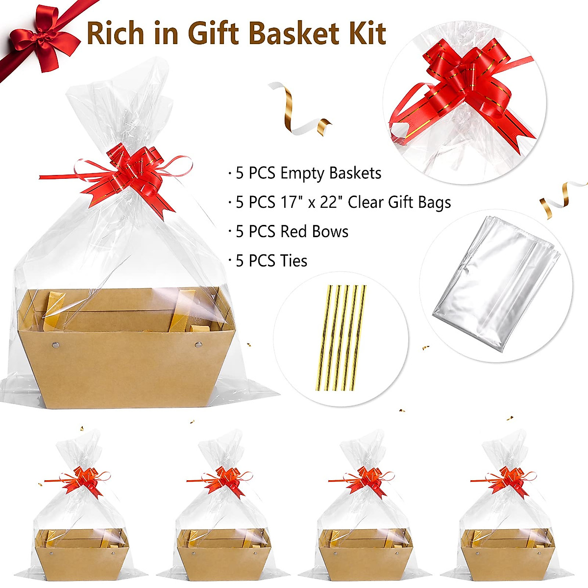 Aoibrloy Basket for Gifts Empty, Kraft Basket With Handles Gift Basket Kit With 5 Empty Gift Baskets, 5 Bags and 5 Bows, Gift Packages for Valentine's Day, Wedding, Birthday Party Gift Wrapping