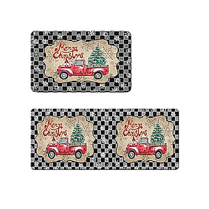 Christmas Bath Mat for Tub,Non Slip Bathroom Floor Runner Rug Quick Dry & Absorbent Diatomaceous Earth Shower Sink Bedroom Kitchen Washable Doormat,Red Truck Snow Tree Black Checkered 16x24+16x47