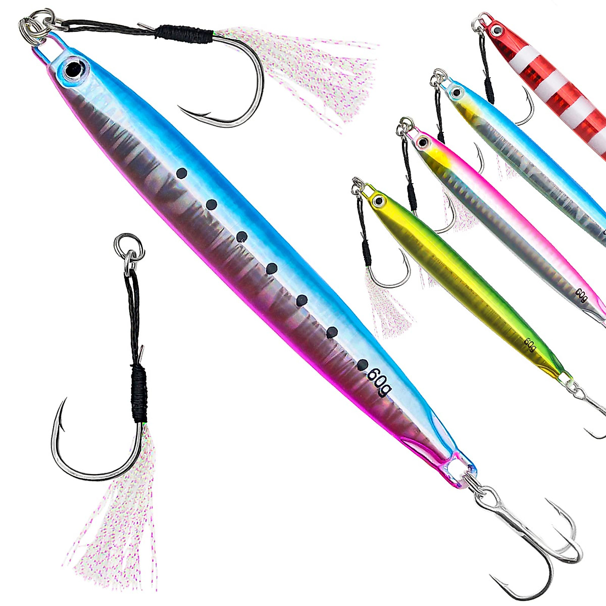 FREGITO Fishing Jigs Vertical Saltwater Jigs Vertical Jigging Spoon Fishing Tuna Lures Boat Fishing Artificial Lures for Tuna, Grouper, Dogtooth, Snapper, Bass, Salmon/60g, 80g,120g (5pcs-60g)