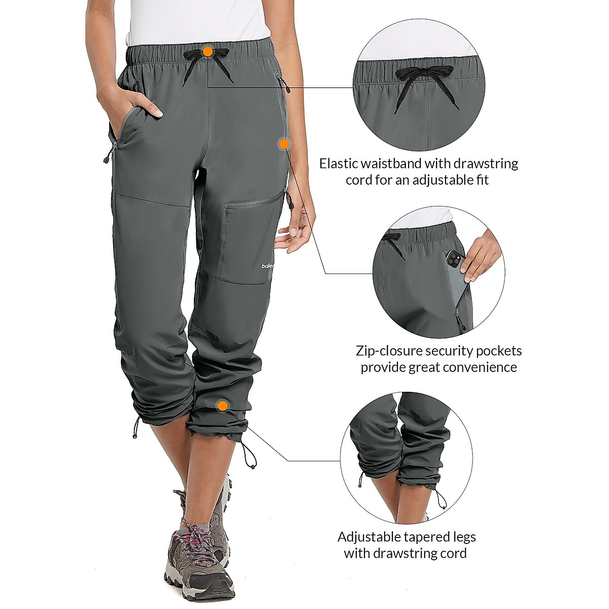 BALEAF Women's Hiking Pants Quick Dry Water Resistant Lightweight Joggers Pant for All Seasons Elastic Waist Steel Gray Size L, Capri