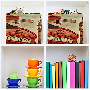AUUXVA London UK Flag Telephone Booth Storage Bins Basket, Big Ben Union Jack Collapsible Storage Cube Rectangle Storage Box with Handles for Shelf Closet Nursery Bedroom Home Office 2 Pack