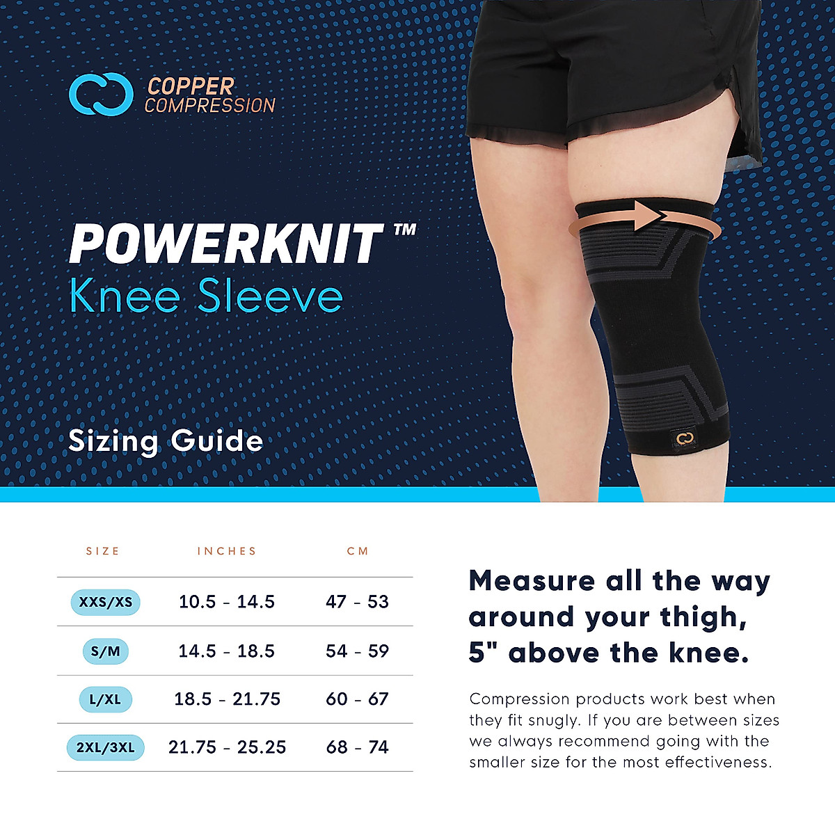 Copper Compression PowerKnit Knee Sleeve- Copper Stabilizer Support Brace for Meniscus Tear, ACL, MCL, Arthritis, Joint Pain Relief, Running, Sports, Hiking- Men & Women- Fits Right/Left - S/M
