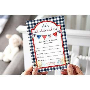 M Market On Mainstreet Red, White & Due Baby Shower Invitations, Books For Baby & Diaper Raffle & Thank You Cards (Invitations)