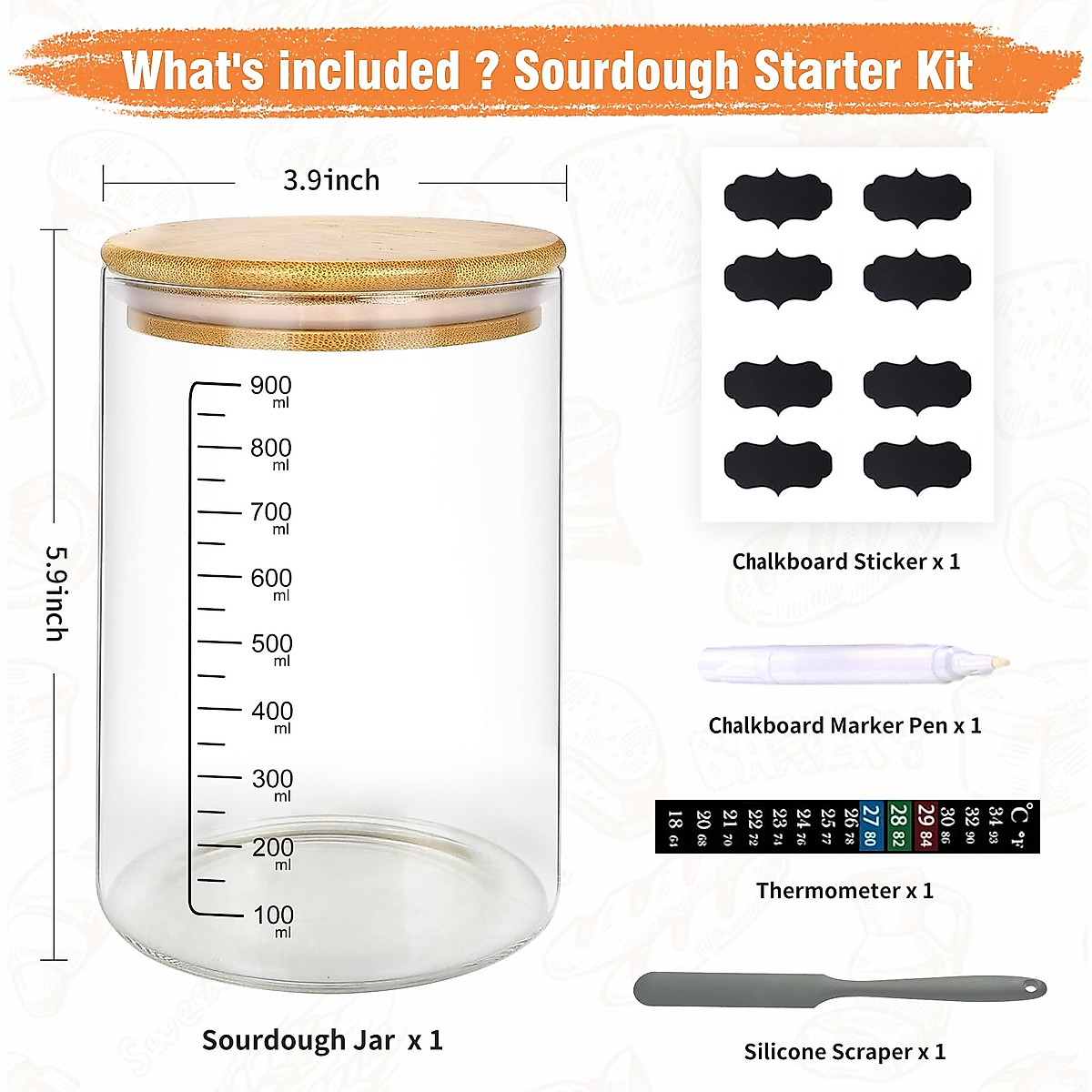 Wnxise Sourdough Starter Kit, 34OZ Reusable Sourdough Starter Jar, Home Sourdough Bread Baking Supplies with Date Marked Feeding Band, Thermometer, Silicone Scraper, Sticker, Marker Pen Bamboo Lid