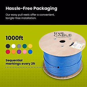 trueCABLE Cat6A Shielded Riser (CMR), 1000ft, Blue, 23AWG Solid Bare Copper, 750MHz, PoE++ (4PPoE), ETL Listed, Overall Aluminum Foil Shield (F/UTP), Bulk Ethernet Cable