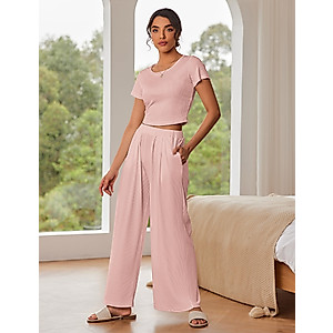 Ekouaer Women's 2 Piece Lounge Sets Short Sleeve Pajama Set Ribbed Knit Crop Top Wide Leg Pants Loungewear,Light Pink,L
