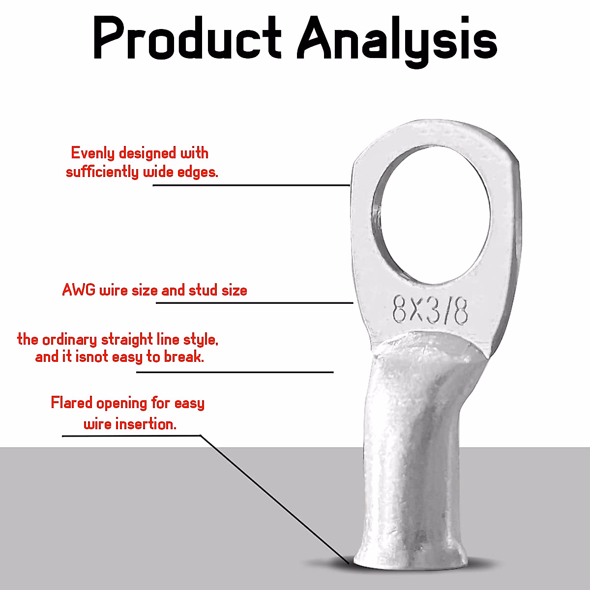 10PCS 1/0 Awg-3/8" Copper Wire Lugs with 3:1 Heat Shrink Tubing, Marine Grade Ring Terminal Connector, Heavy Duty UL Battery Cable Ends, Tinned Copper Eyelets Cable Lugs (AWG8*3/8)