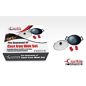 Crucible Cookware 14-Inch Cast Iron Wok Set (Pre-Seasoned), Glass Lid & Silicone Hot Handle Holders