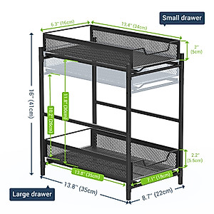 Housolution Under Sink Organizer and Storage, 2 Tier Metal Slide Out Under Cabinet Organizer with Stoppable Drawer, Height Adjustable Under Sink Shelf for Kitchen and Bathroom, Black