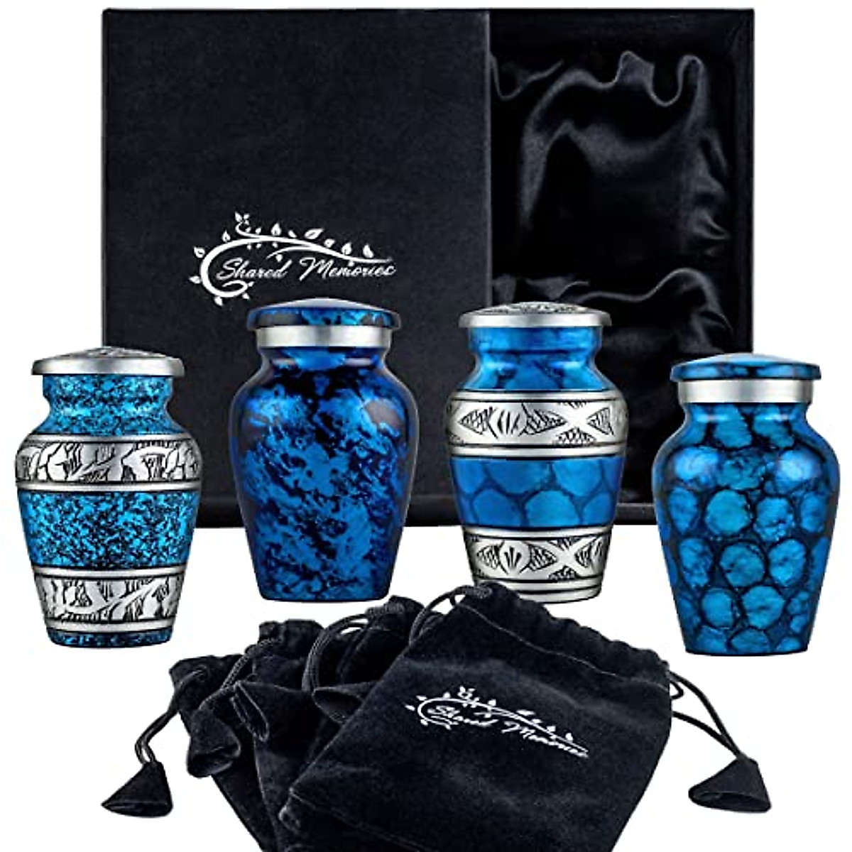 Shared Memories Cremation Urns for Human Ashes - 4 Small Keepsake Mini Urns for Human Ashes | Beautiful Engraved Funeral Urn for Human Ashes in Keepsake Box (Blue, 4)