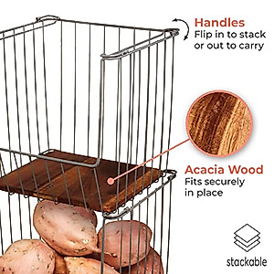 The Ría Safford Collection by iDesign Open Front Wire Basket with Acacia Wood, 12" x 12" x 12", Charcoal