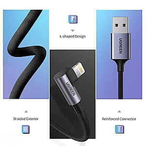 UGREEN MFi Certification Lightning Cable, Right Angle 3FT Lightning Cord, Phone Charger Cord Nylon Braided Compatible with iPhone 13/13 Pro/12/12 Pro/11/X/XS/8/7, iPad Pro, AirPods Pro Black